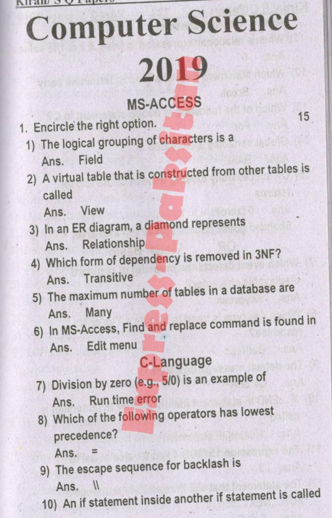 Computer Science Past Paper 2019 Rawalpindi Board 2nd Year - Express ...